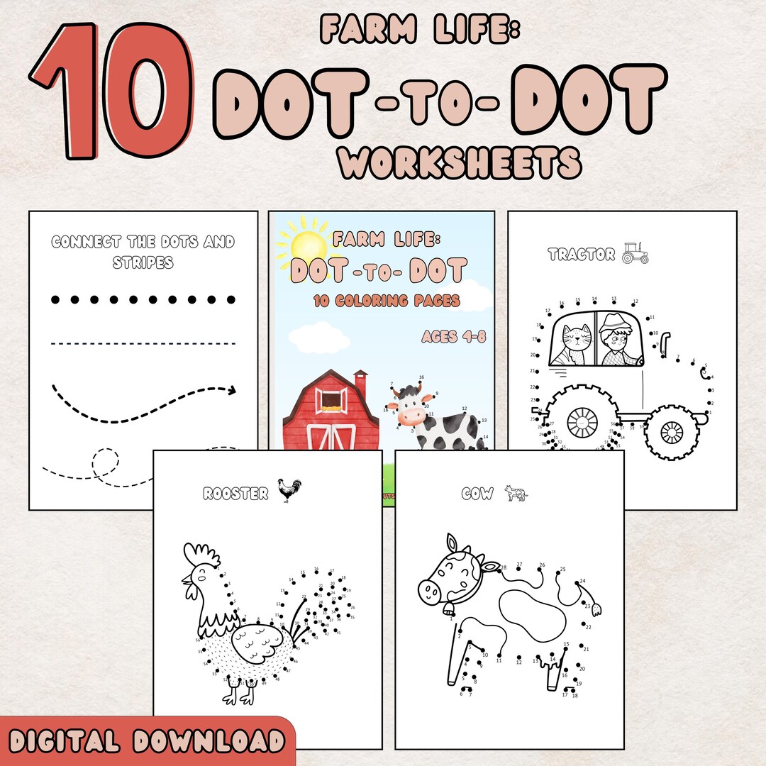 Farm Life Dot to Dot Worksheets for Kids (ages 4-8) | 10x Printable ...