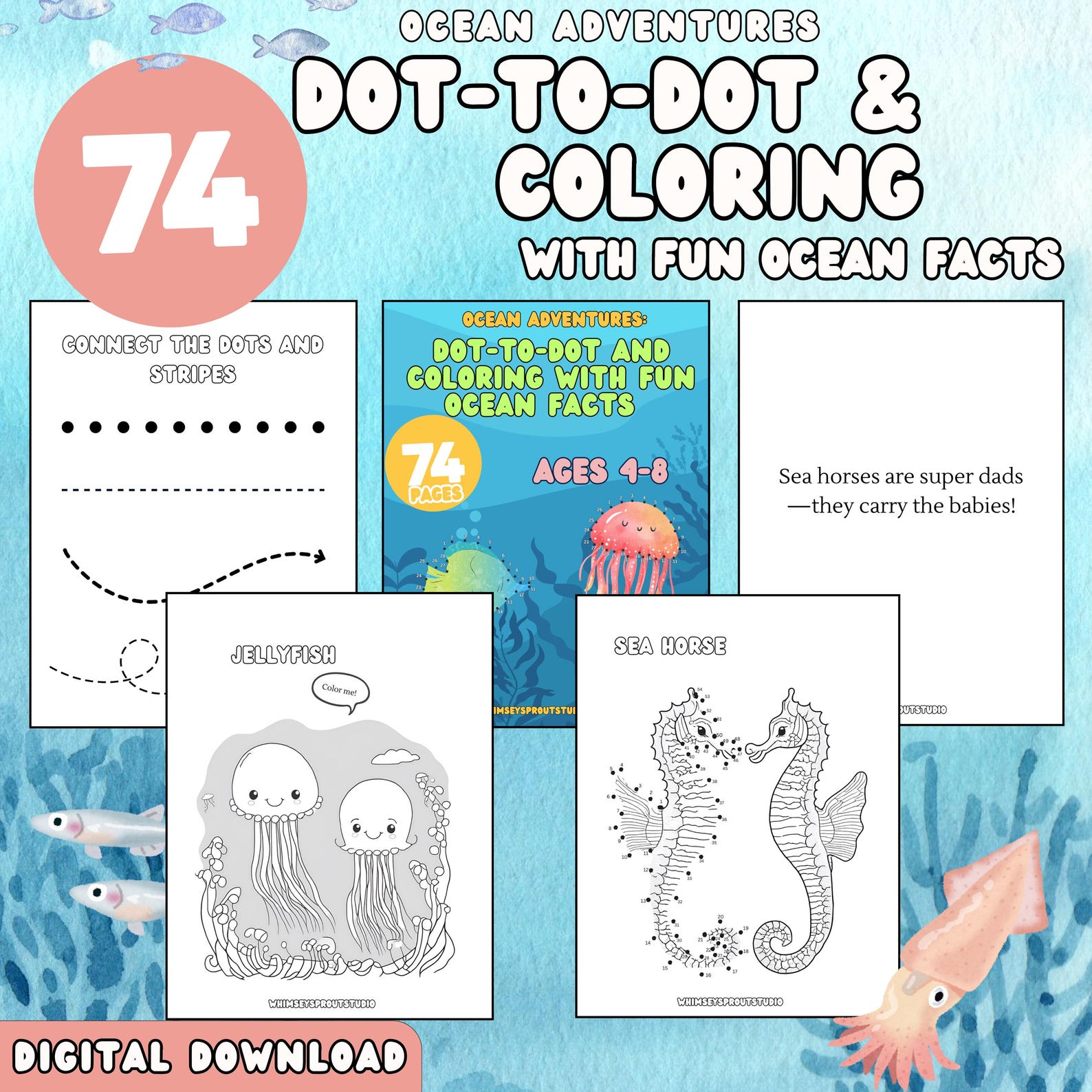 Ocean Dot to Dot & Coloring Pages for Kids (ages 4-8) | Fun Ocean ...