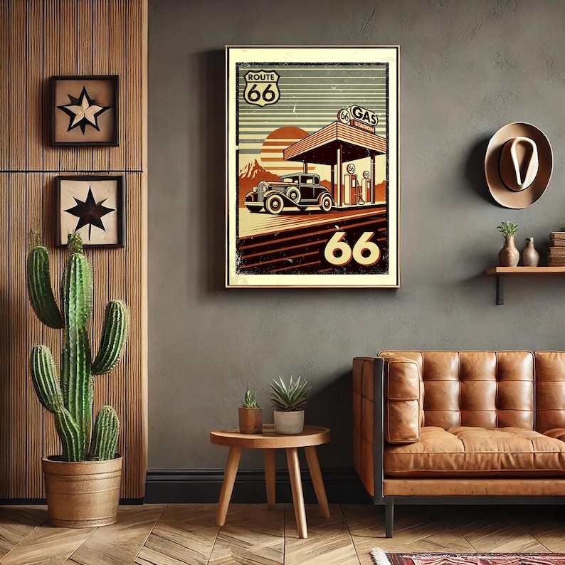 Vintage Route 66 Poster - Retro Travel Wall Art - Classic Car ...