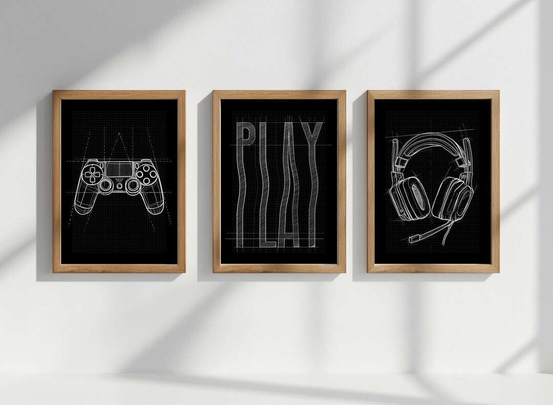 Gaming Console Blueprint, Play Sign Digital Art, Gamer Headset Sketch ...