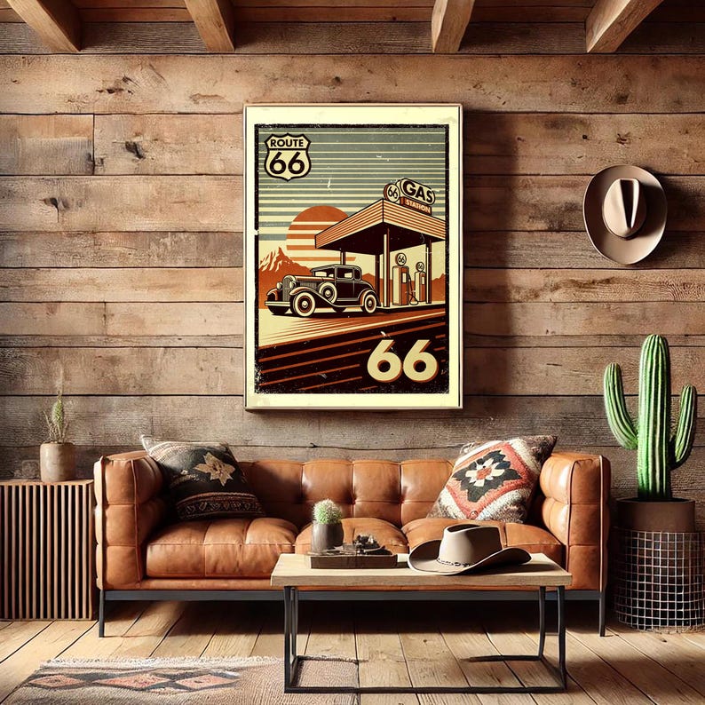 Vintage Route 66 Poster - Retro Travel Wall Art - Classic Car ...