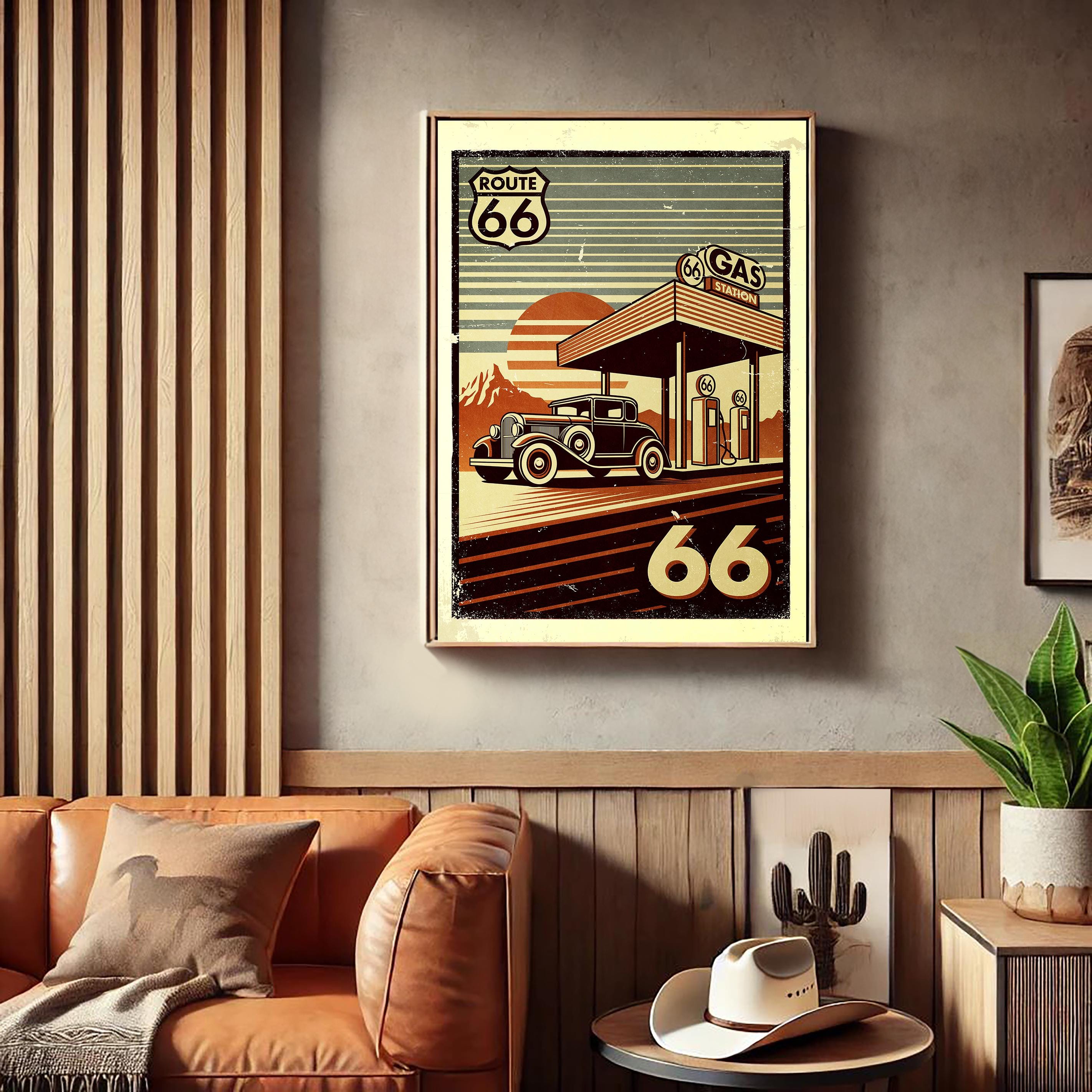 Vintage Route 66 Poster - Retro Travel Wall Art - Classic Car ...
