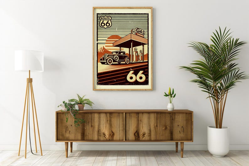 Vintage Route 66 Poster - Retro Travel Wall Art - Classic Car ...