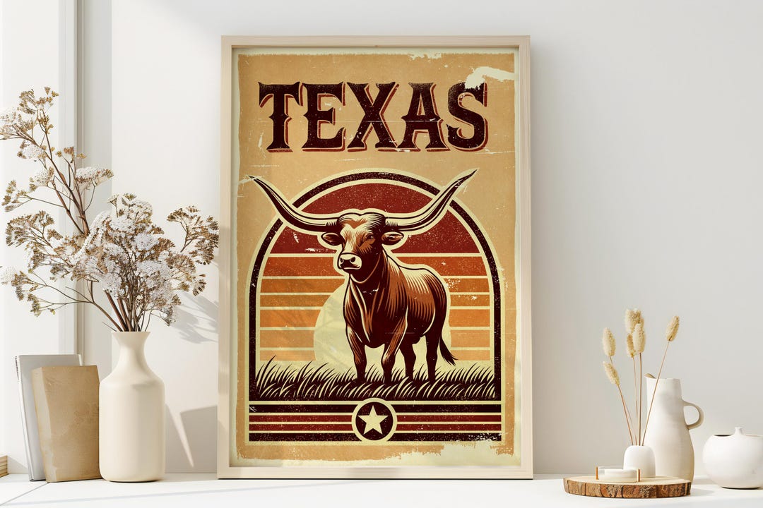 Vintage Texas Longhorn Poster - Retro Western Wall Art - Rustic Cowboy ...