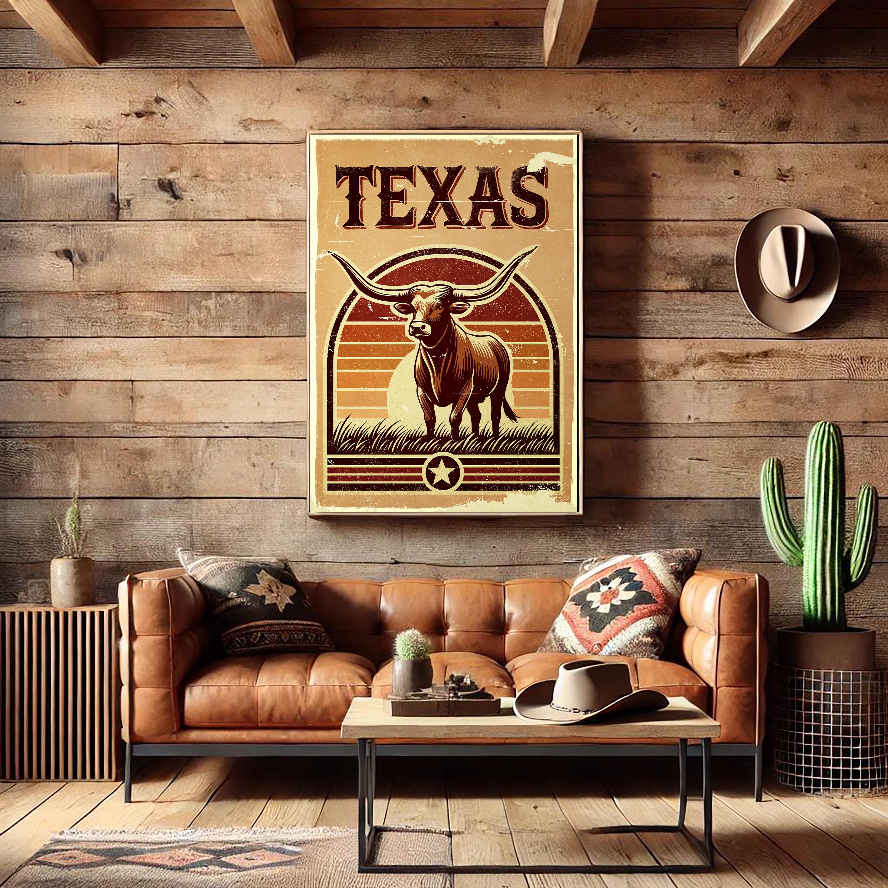 Vintage Texas Longhorn Poster - Retro Western Wall Art - Rustic Cowboy ...