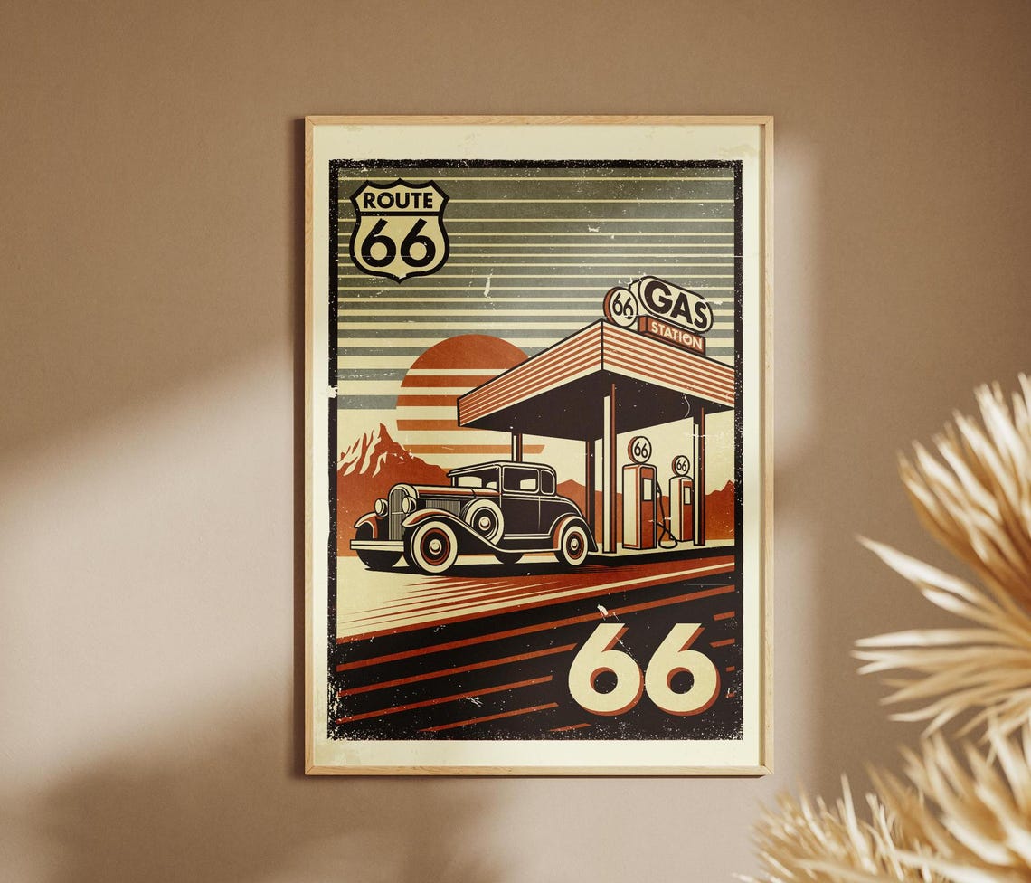 Vintage Route 66 Poster - Retro Travel Wall Art - Classic Car ...