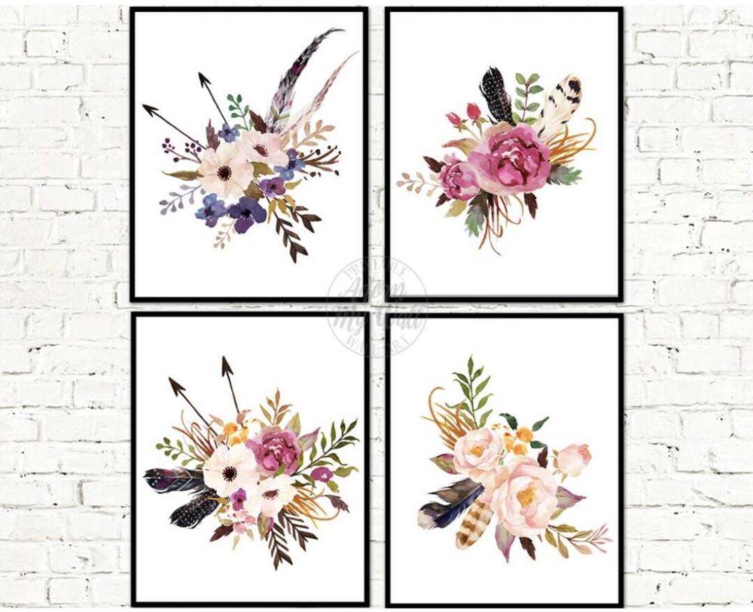 Floral Print Set, Printable Wall Art, Set of Four, Floral Bouquet ...