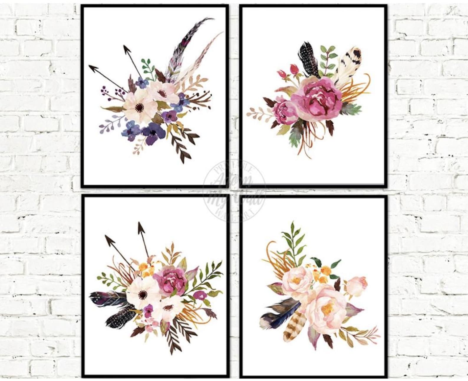 Floral Print Set, Printable Wall Art, Set of Four, Floral Bouquet ...