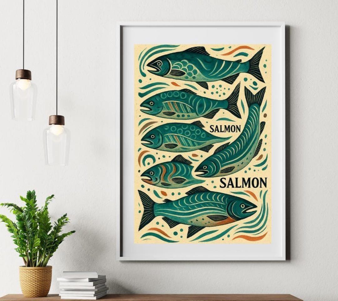 Salmon Wall Art – Vintage Nordic Fishing Print | Mid-century Coastal ...