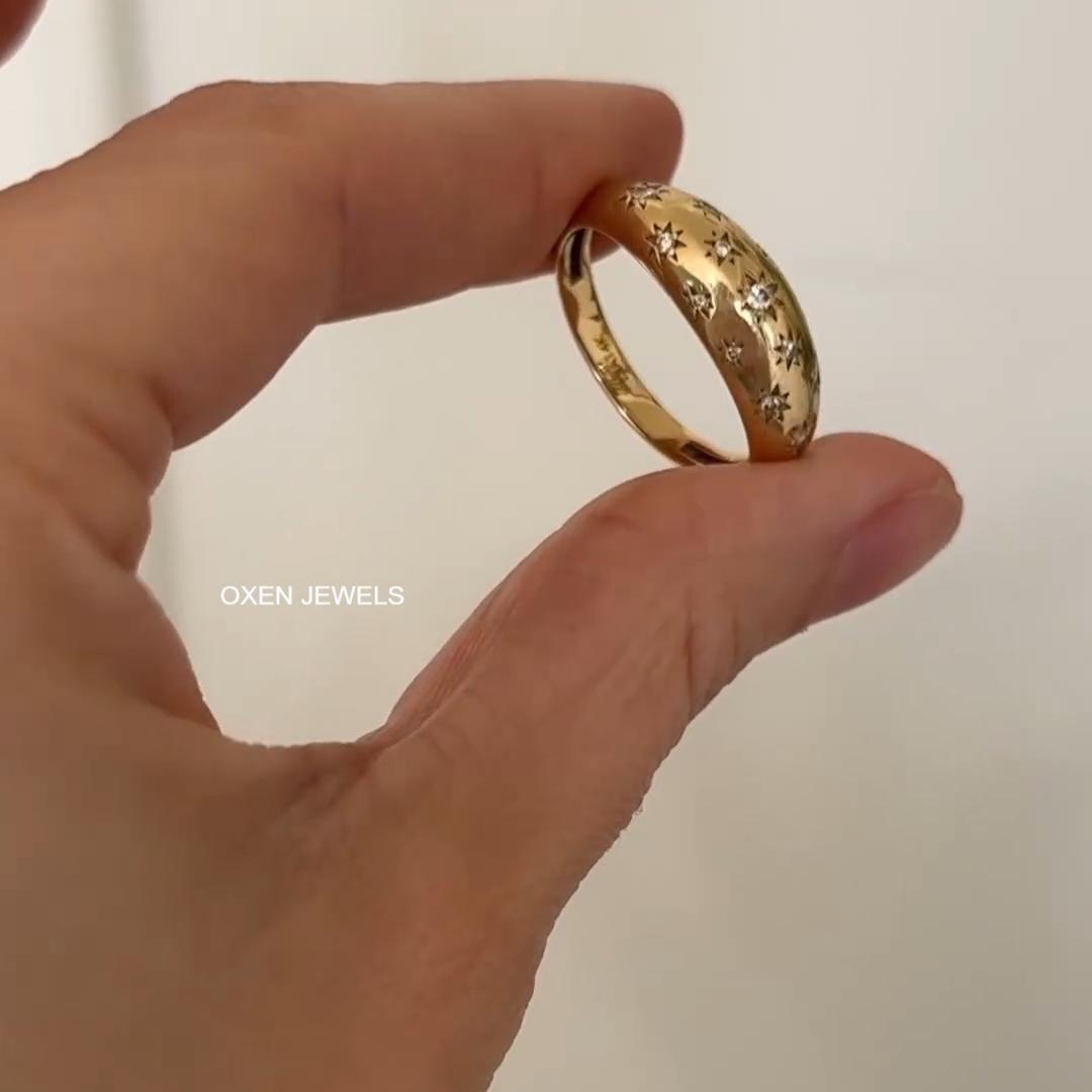 Dome Shape Ring With Star Set Round Diamond Pave Diamond Celestial Ring ...