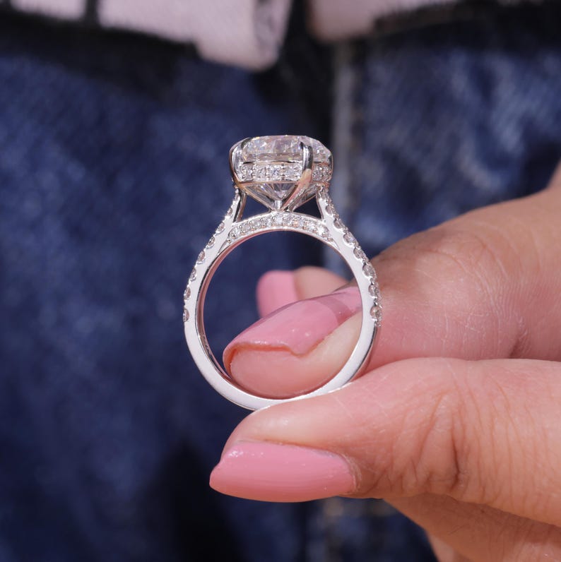 3 CT Round Lab Grown Diamond Engagement Ring, Cathedral Halo, Pave Band ...