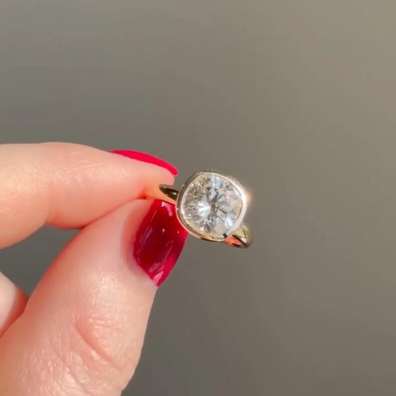 Cushion Cut Bezel Set Solitaire Engagement Ring Unique Wedding Ring 2 ...