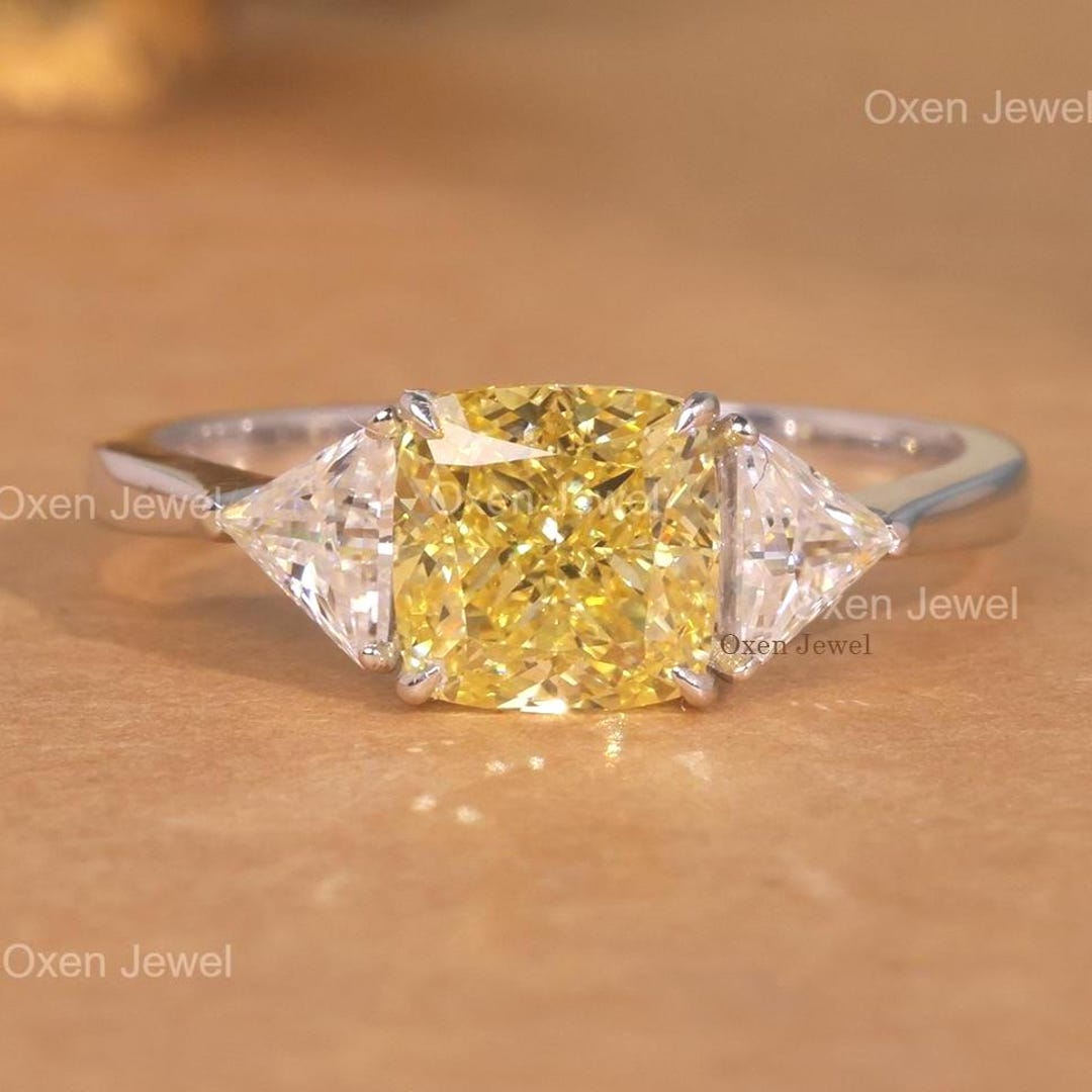 Canary Yellow Lab Diamond Ring Three Diamond Ring Side Triangle Diamond ...