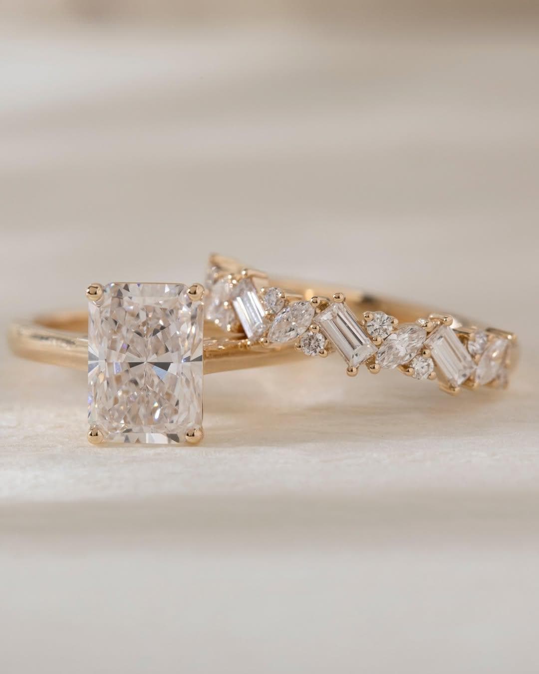 3ct Radiant Moissanite Solitaire Ring Baguette Round Moissanite Half ...