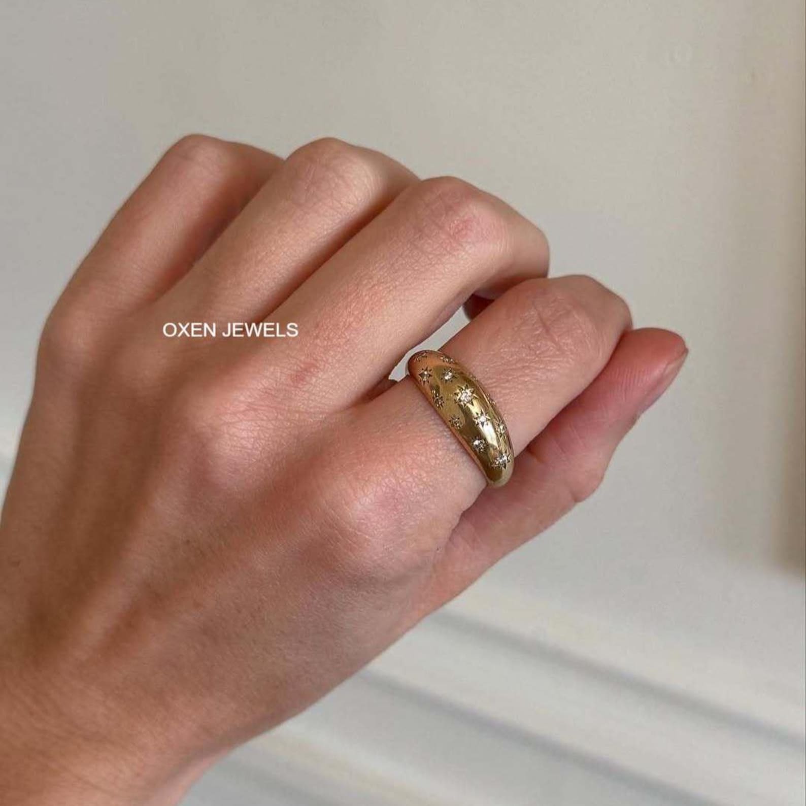 Dome Shape Ring With Star Set Round Diamond Pave Diamond Celestial Ring ...