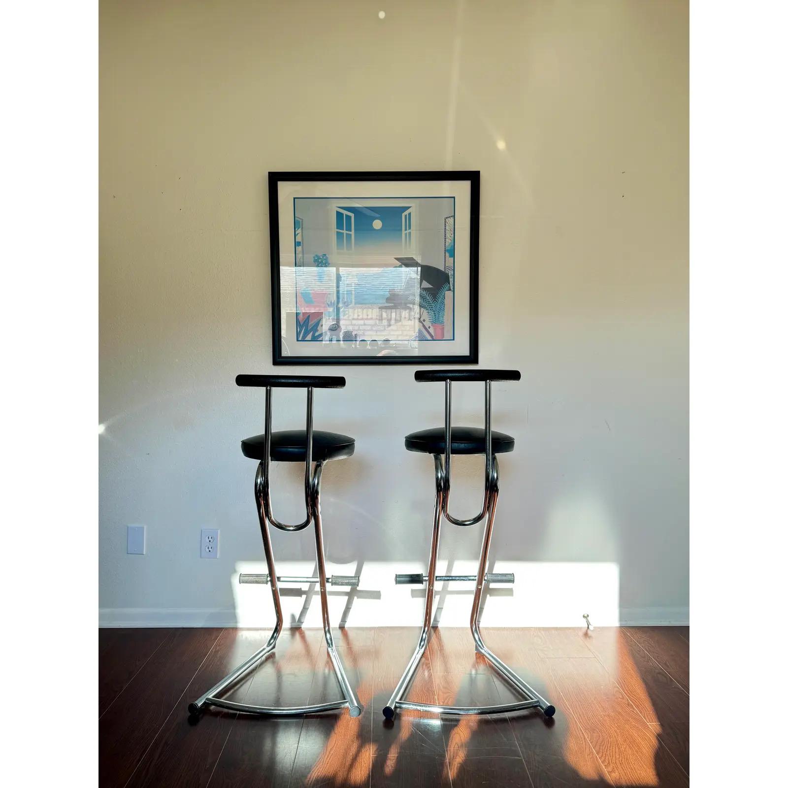 Circa 1990s Post Modern Cantilevered Chrome and Black Vinyl Barstools ...