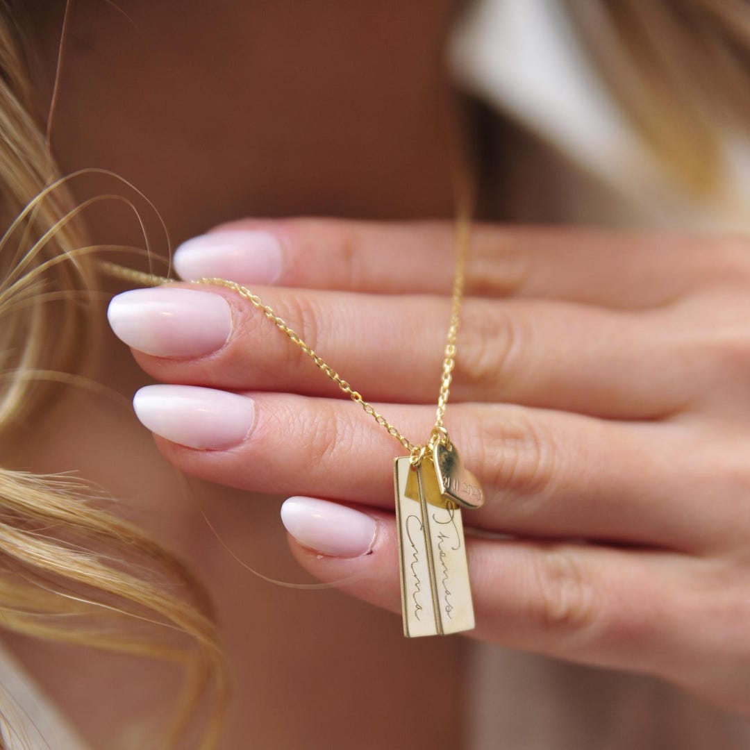 Custom Gold Bar and Heart Necklace Name Bar Necklace Silver Name ...