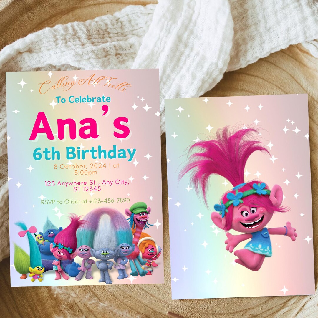 Printable Birthday Invitation Template - Editable Invitation, Trolls ...