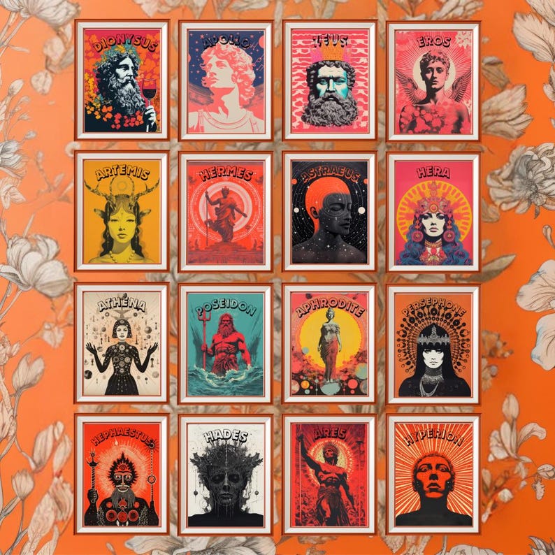 Greek Mythology Posters Set of 16, Ancient Greek Prints, Vibrant ...