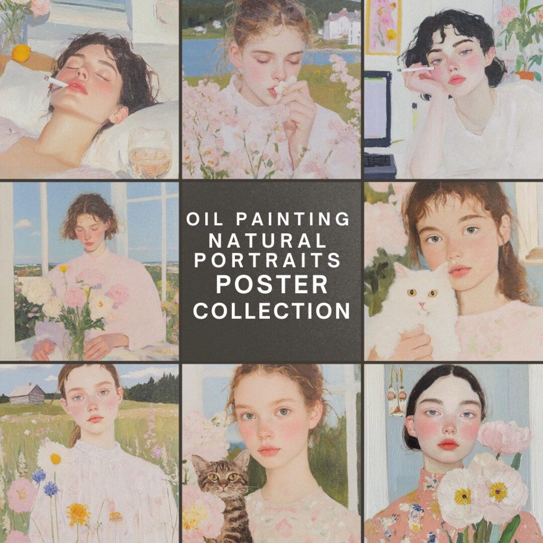 Female Portrait Oil Painting Poster Set: Dreamy Natural Art (digital ...
