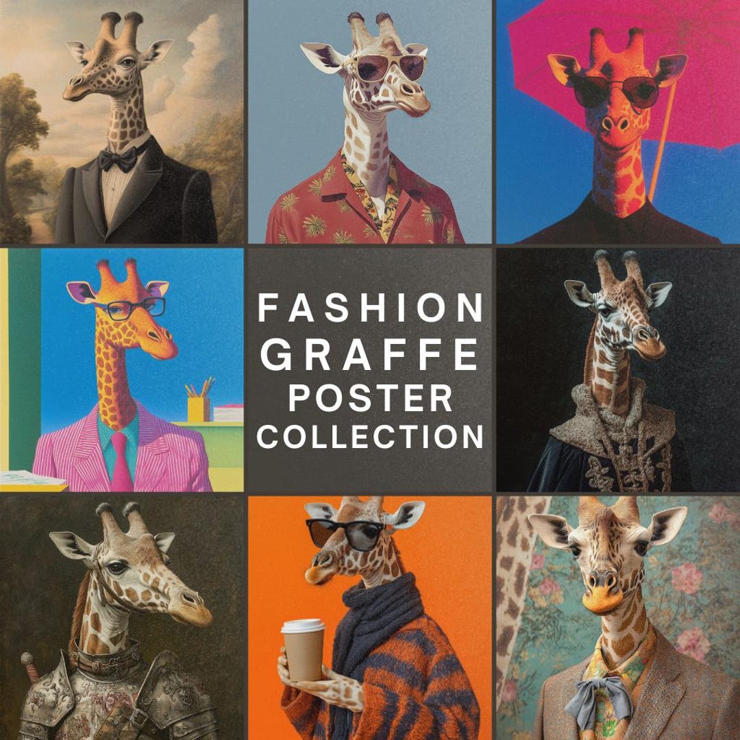 Set of 17 Whimsical Animal Fashion Posters for Gallery Wall,giraffe ...
