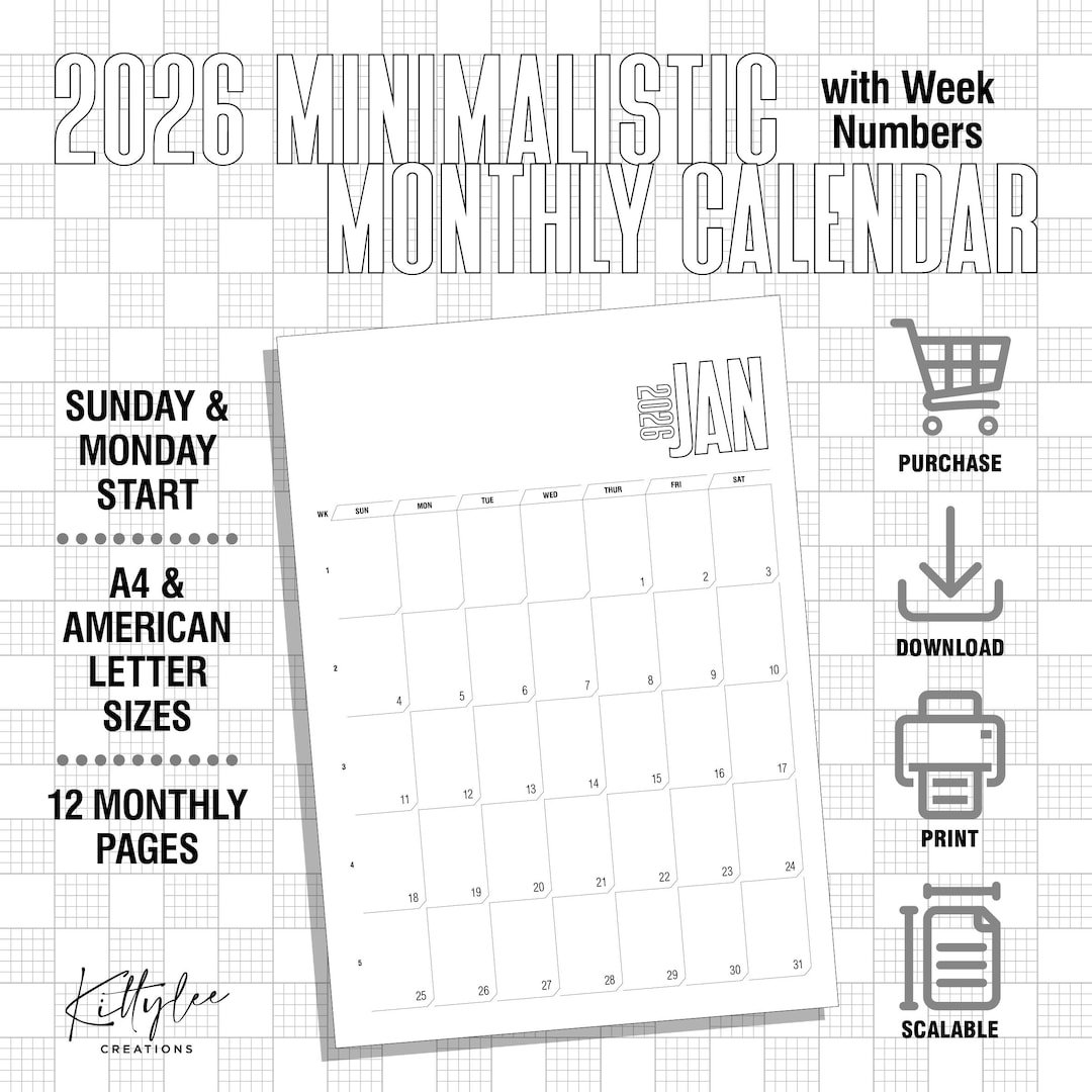 2026 Calendar Minimalistic Monthly Planner Sunday Monday Start A4 Size ...