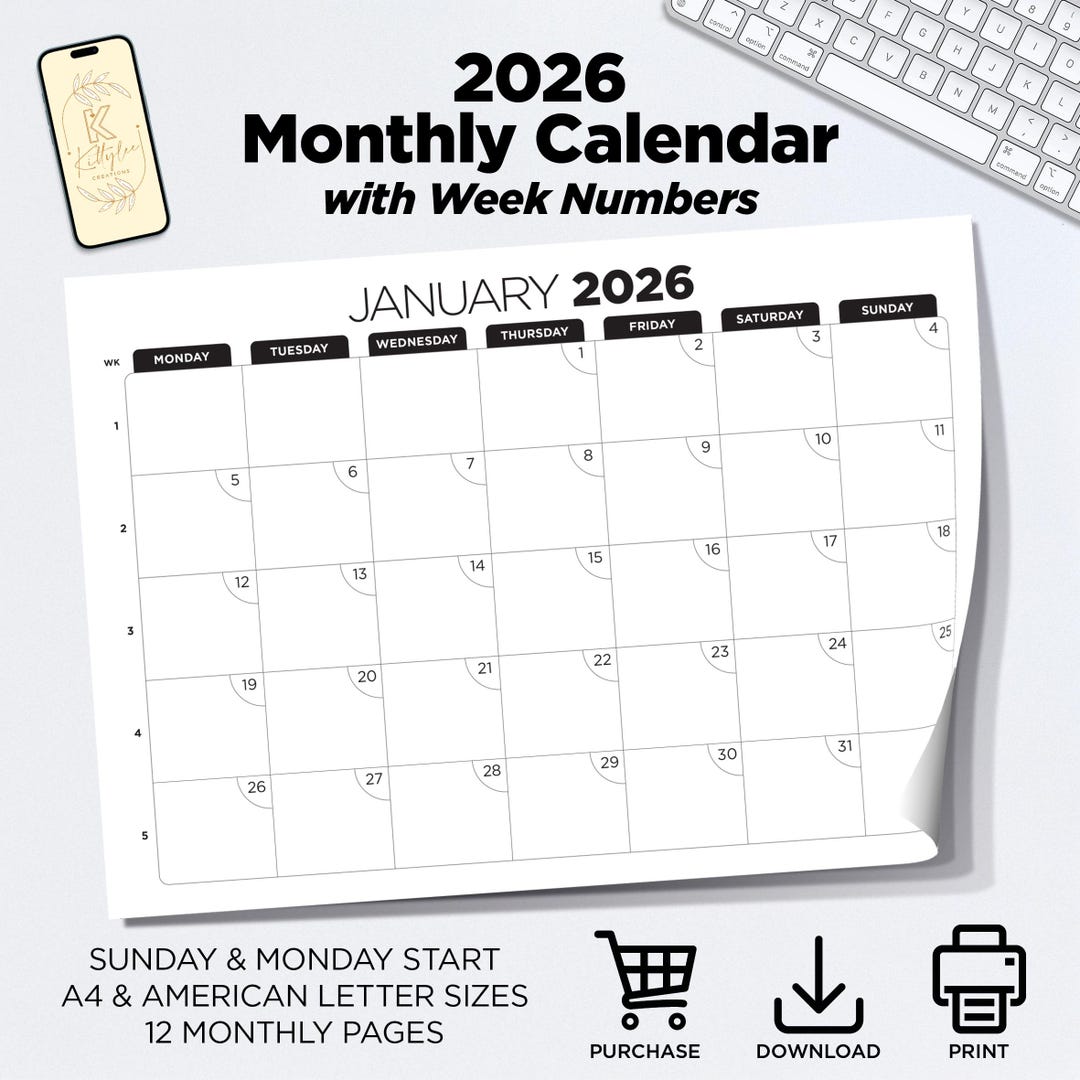 2026 Calendar Printable Monthly Planner Sunday & Monday Start A4 Size ...
