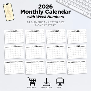 2026 Calendar Printable Monthly Planner Sunday & Monday Start A4 Size ...