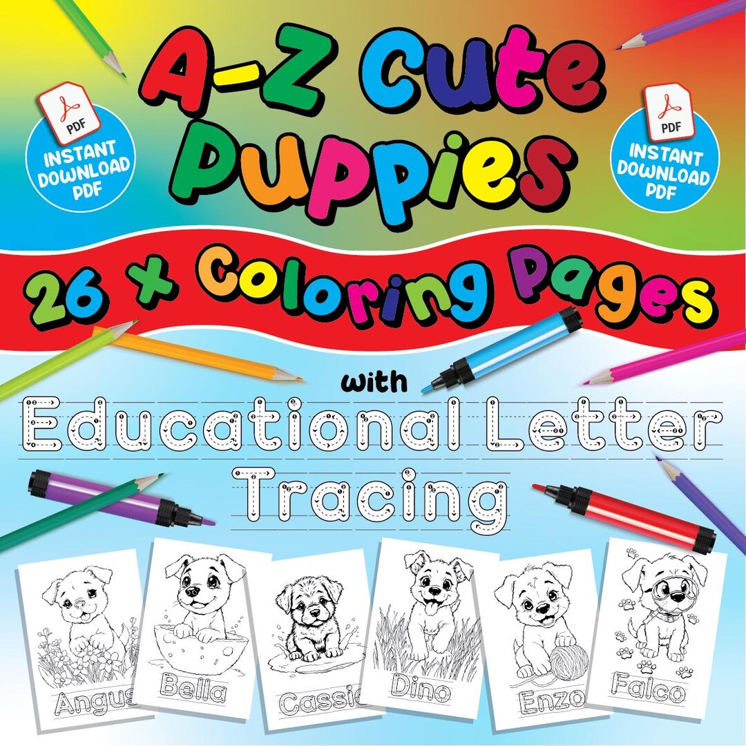 Cute Puppies Alphabet Printable Word Tracing Colouring A to Z Sheets ...