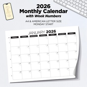 2026 Calendar Printable Monthly Planner Sunday & Monday Start A4 Size ...