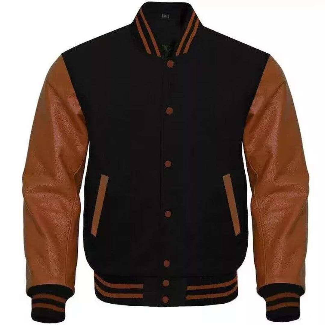 Custom Wool Varsity Jacket: Black & Brown Leather Sleeves, Personalized ...