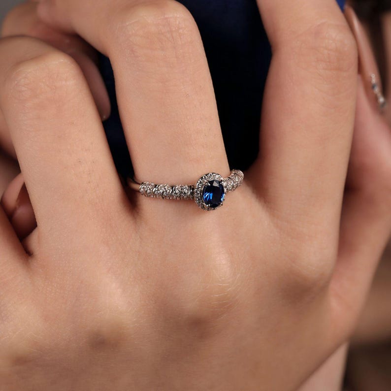 Custom Oval Sapphire Halo Engagement Ring, White Gold Promise Ring - Etsy