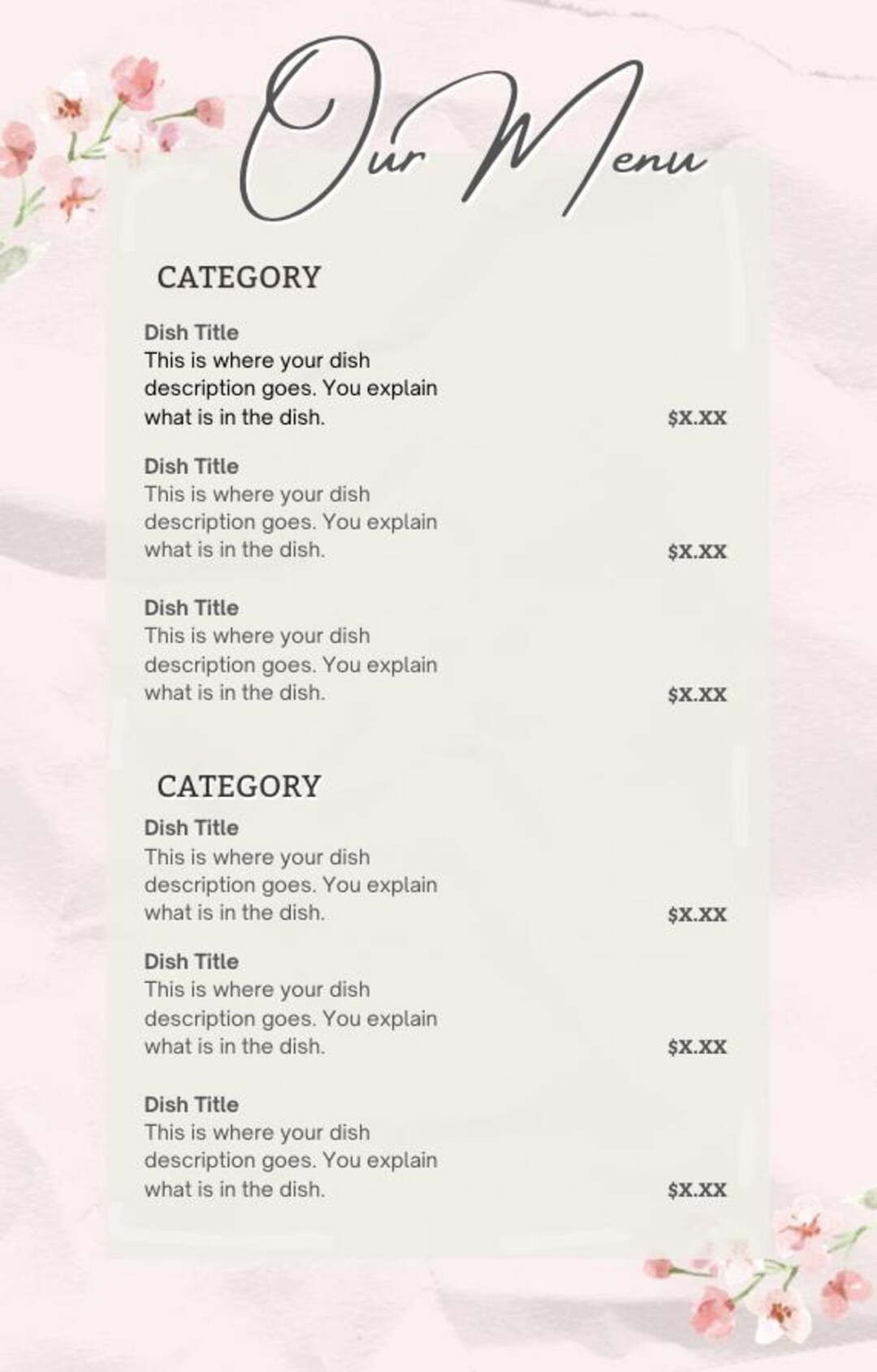 Pink Coquette Flower Restaurant Menu Template - Etsy