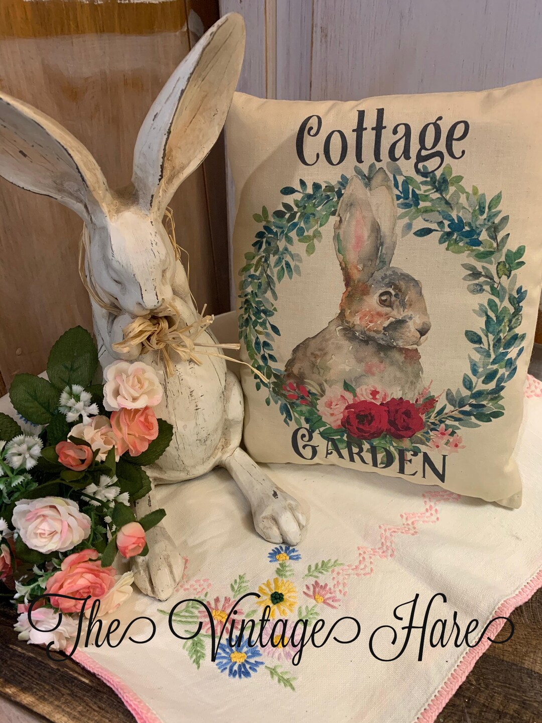 Primitive Bunny Cottage Garden Farmhouse Vintage (9"x8") Pillow Tuck ...
