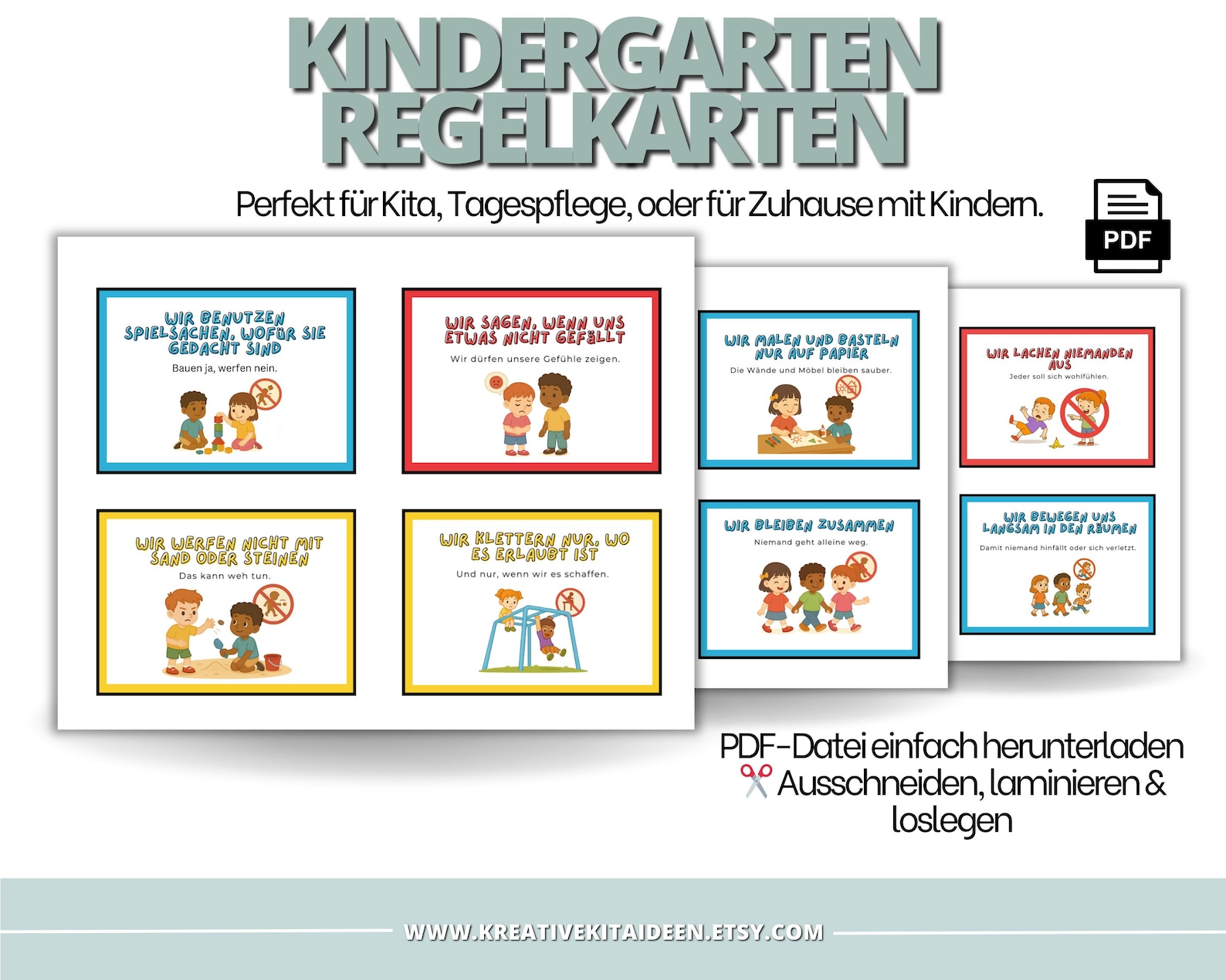 36 Digitale Regelkarten für Kindergarten | Regeln für Kinder | Pädagogisches Material zum ...