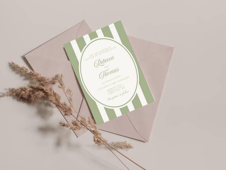Sage Green Stripe Wedding Invitation Template: Editable Canva Bundle ...