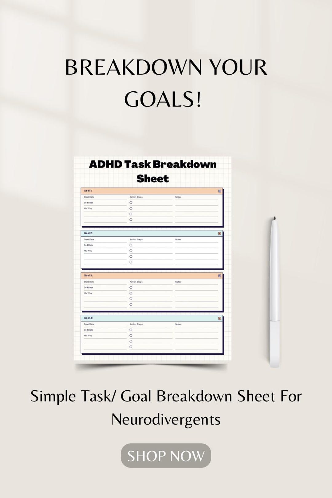 ADHD Task Breakdown Sheet/ Goal Setting & Productivity Tool/ Goal ...