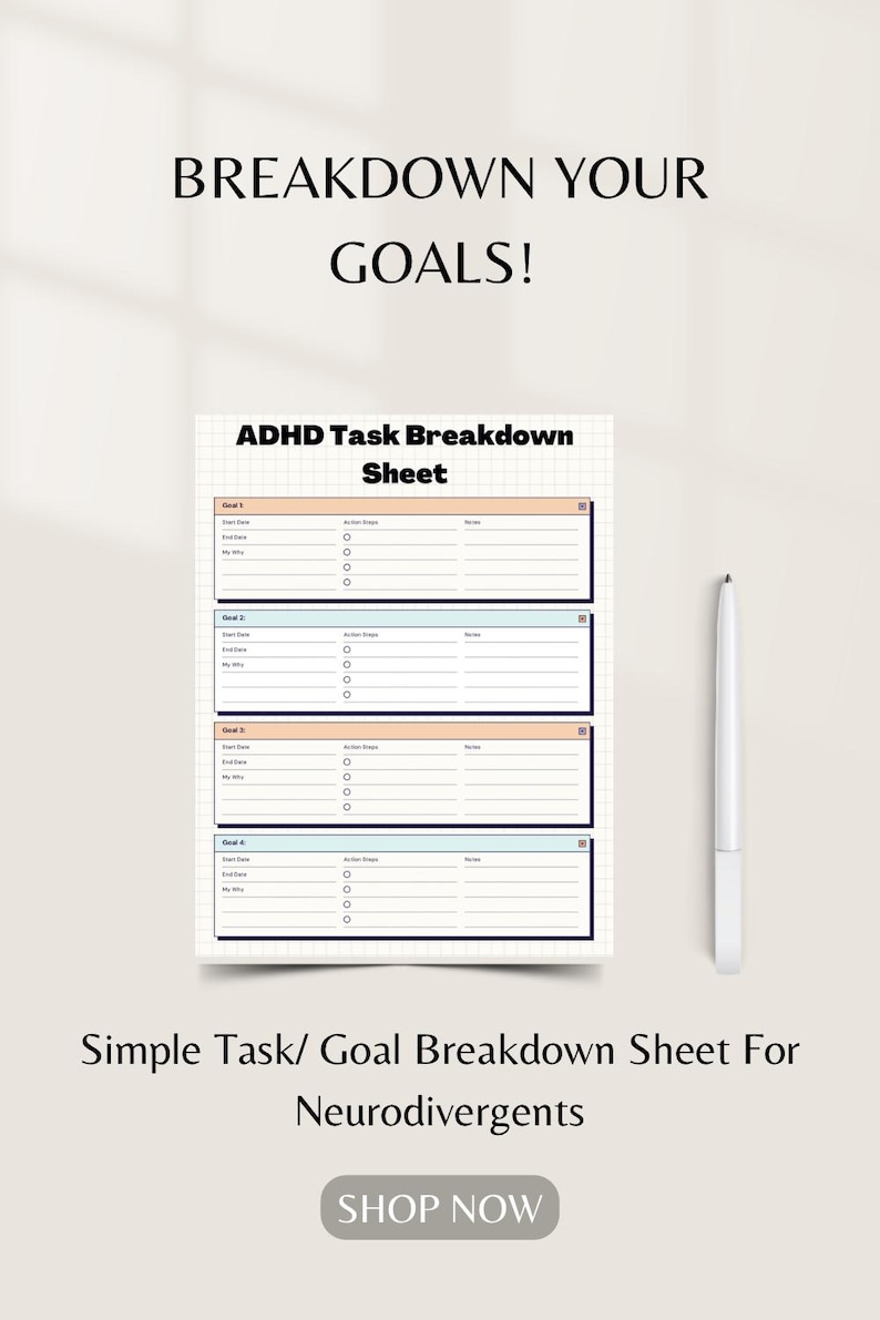 ADHD Task Breakdown Sheet/ Goal Setting & Productivity Tool/ Goal ...