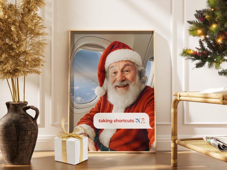 Funny Santa Airplane Wall Art, Christmas Travel Poster, Santa Selfie ...