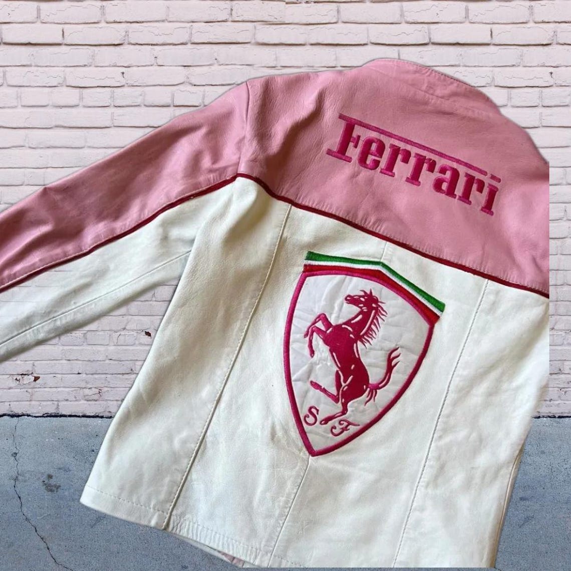 Women's Ferrari Leather Jacket Pink and White | Racing Jacket | Sports ...
