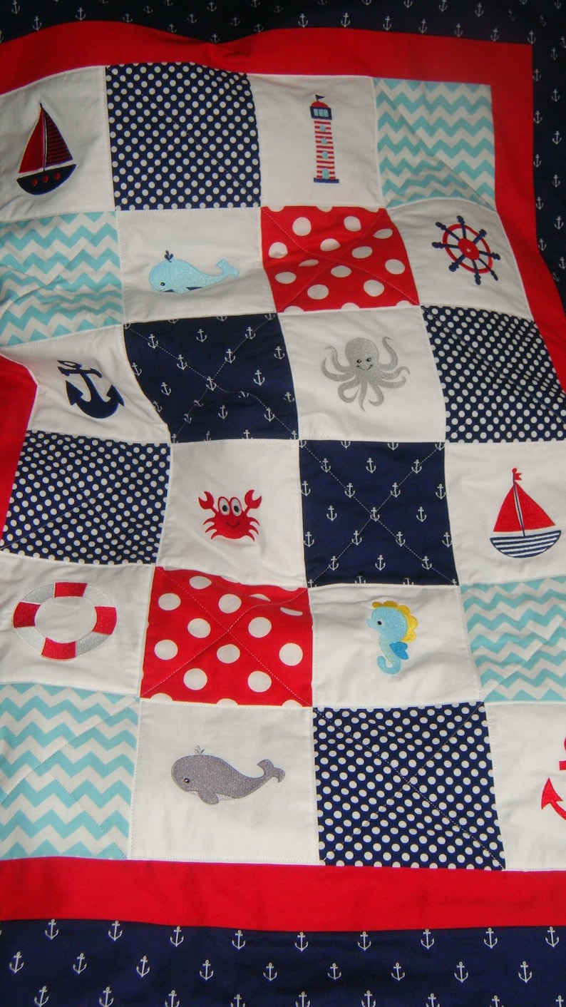 Nautical Crib Quilt - Made to Order - 12 Embroidered Images - Boy or ...