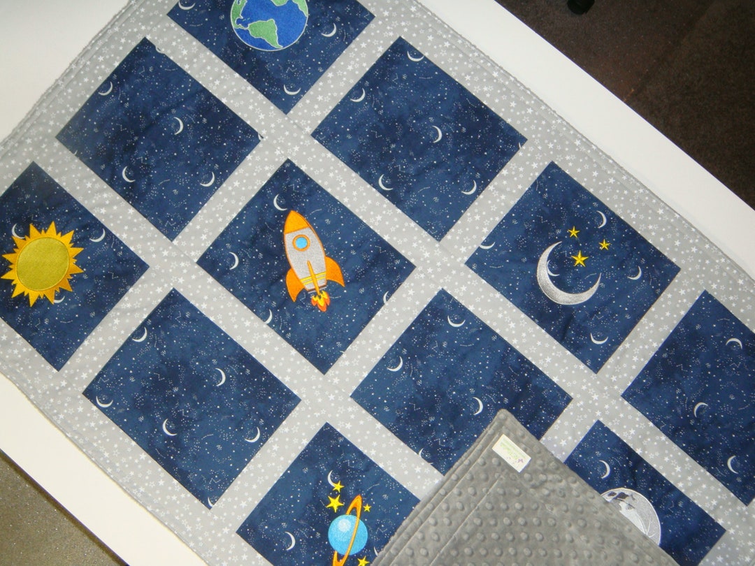 Custom Embroidered Space / Planets Baby Quilt Earth Moon Saturn Rocket ...