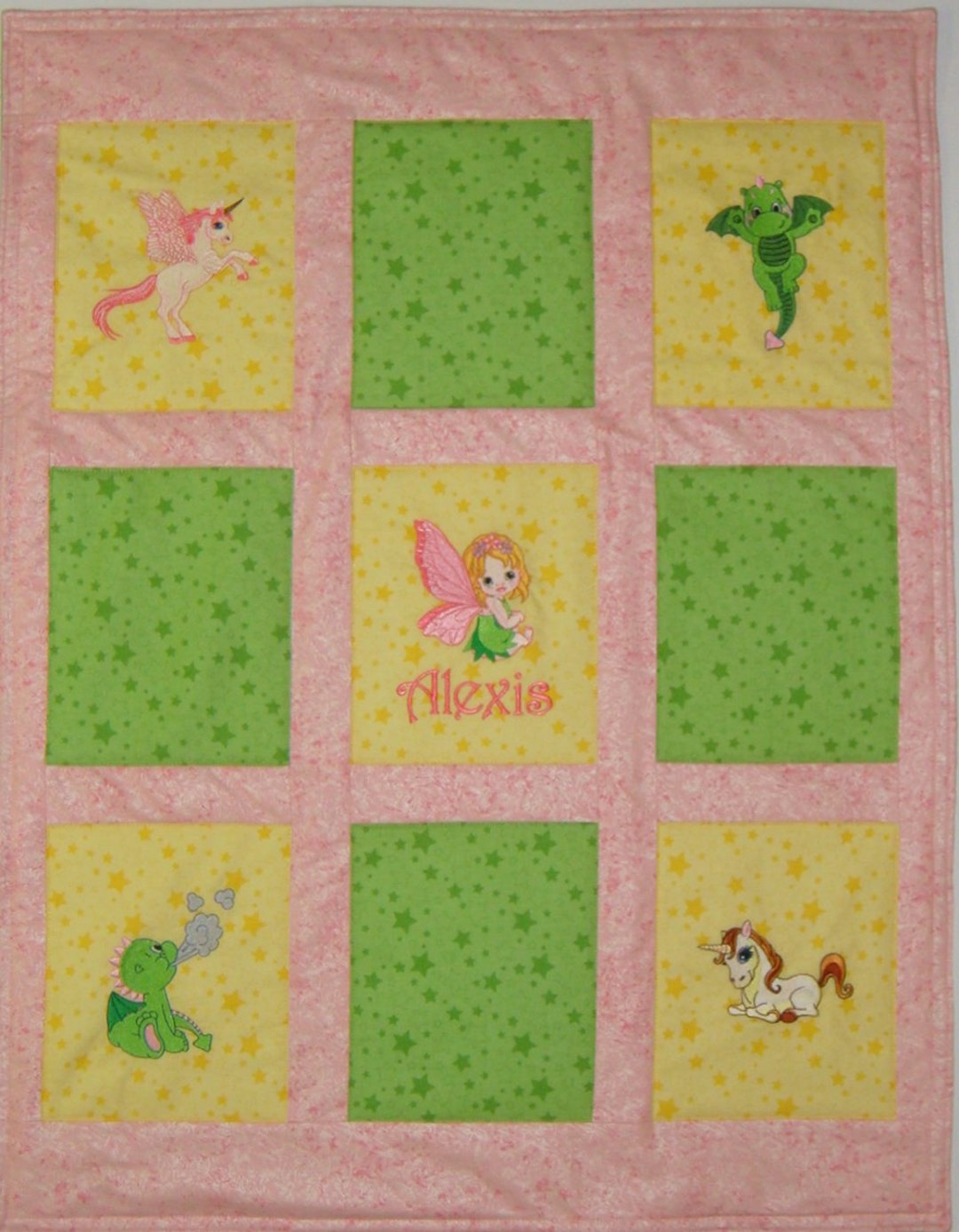 Custom Embroidered Mythical Baby Quilt - Dragons, Unicorns, Fairies ...