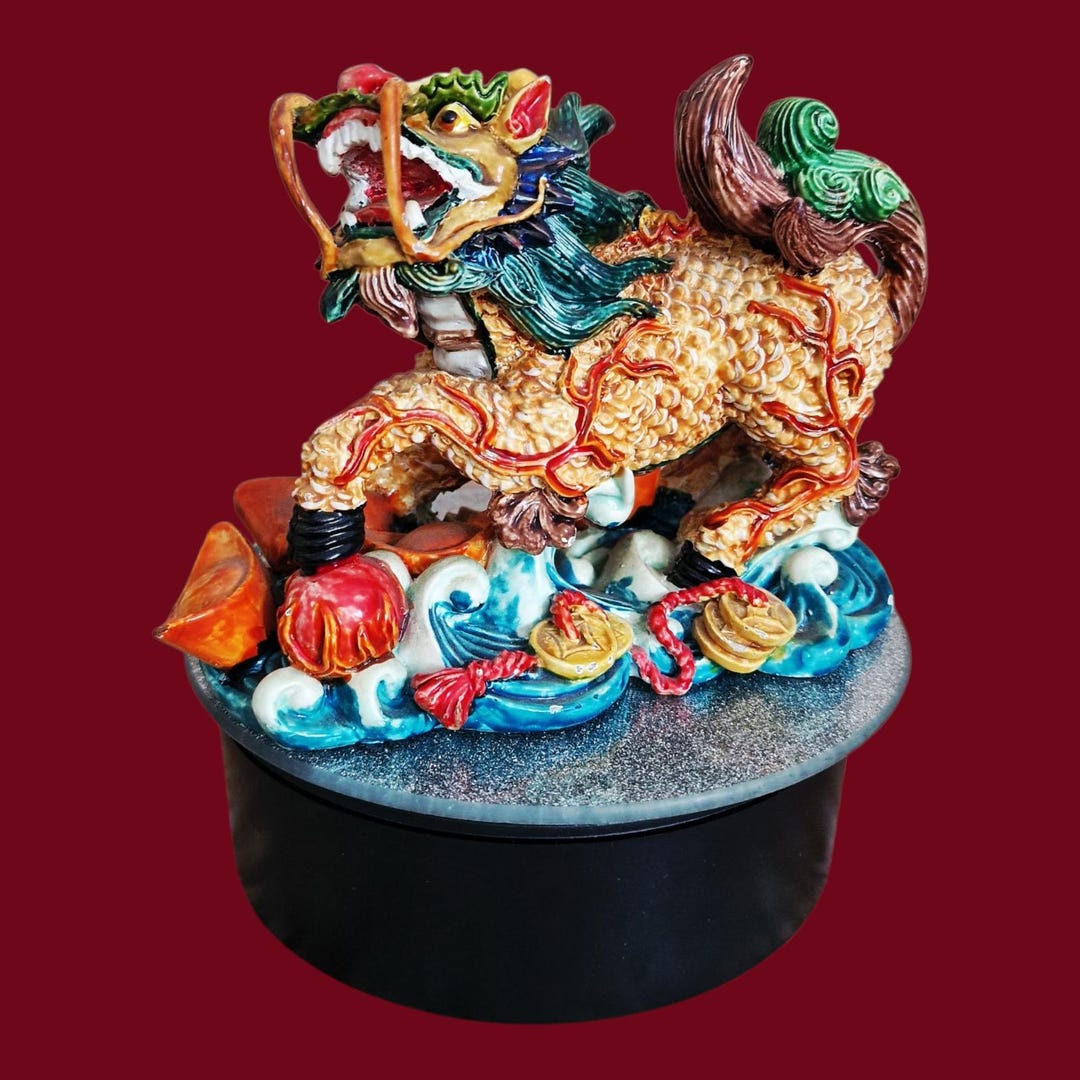 Vintage Resin Foo Dog Feng Shui Dragon Figurine Sculpture Vibrant ...
