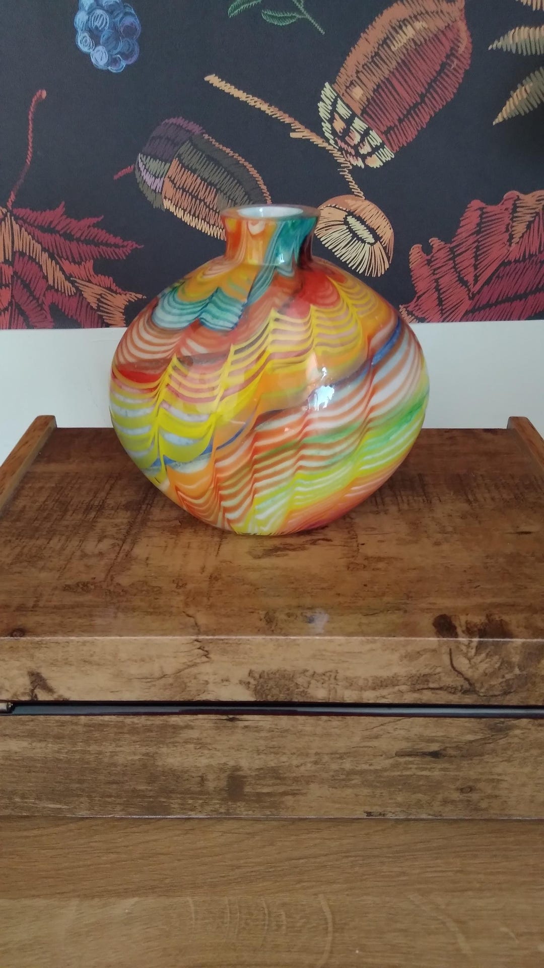 Murano Millefiori Art Glass Vase Heavy Orange Yellow Green Red Multi ...