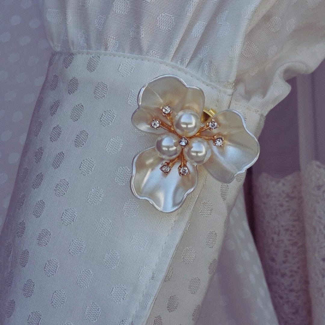 White Floral Faux Pearl Button Covers: Rhinestone Wedding Jewelry 2PCS ...