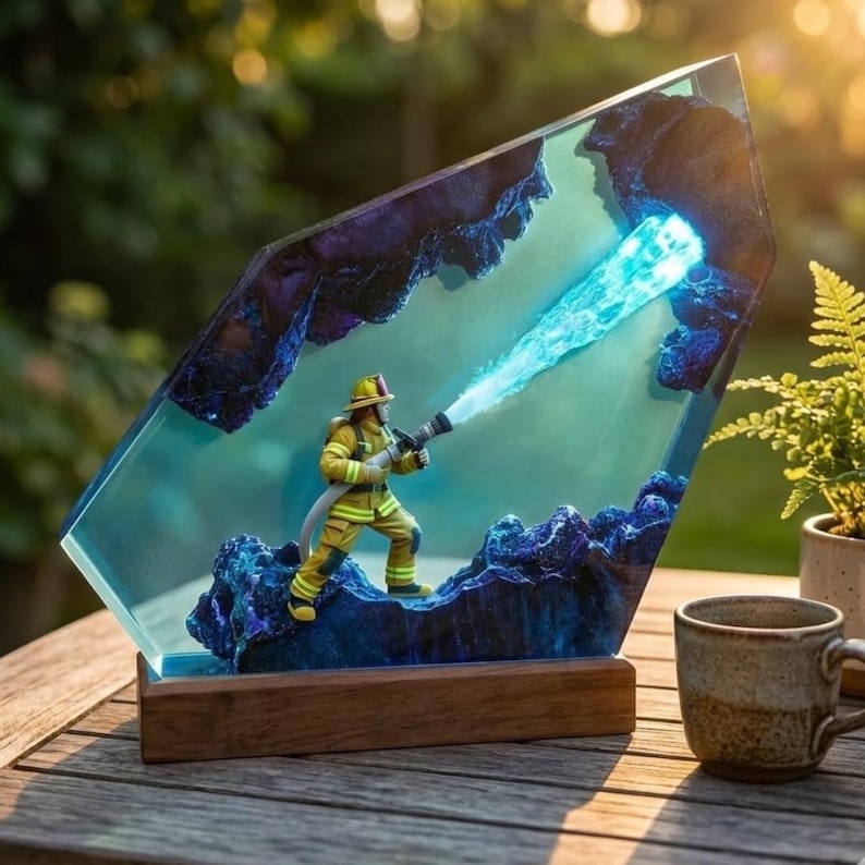 Hero Firefighter Resin Lamp, Fire Dept Figurine Decor, Handmade Night ...