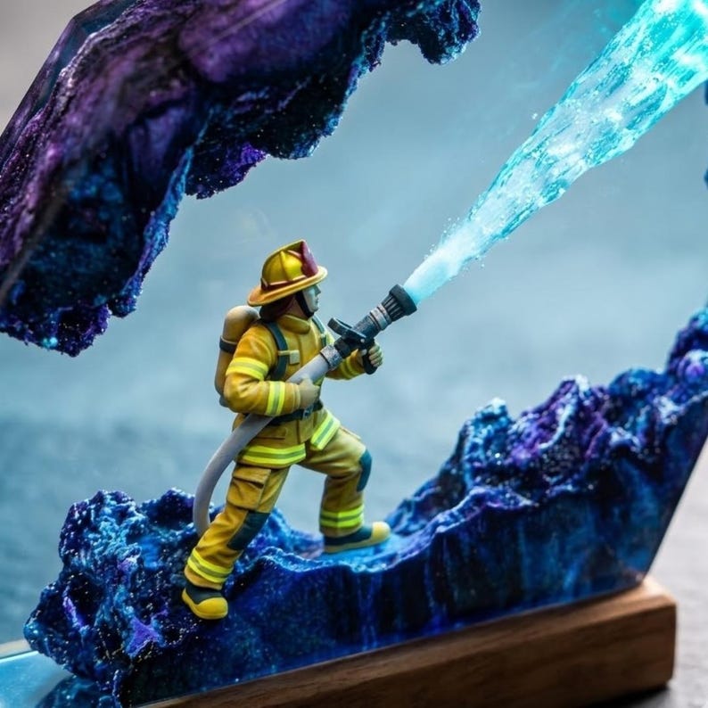 Hero Firefighter Resin Lamp, Fire Dept Figurine Decor, Handmade Night ...