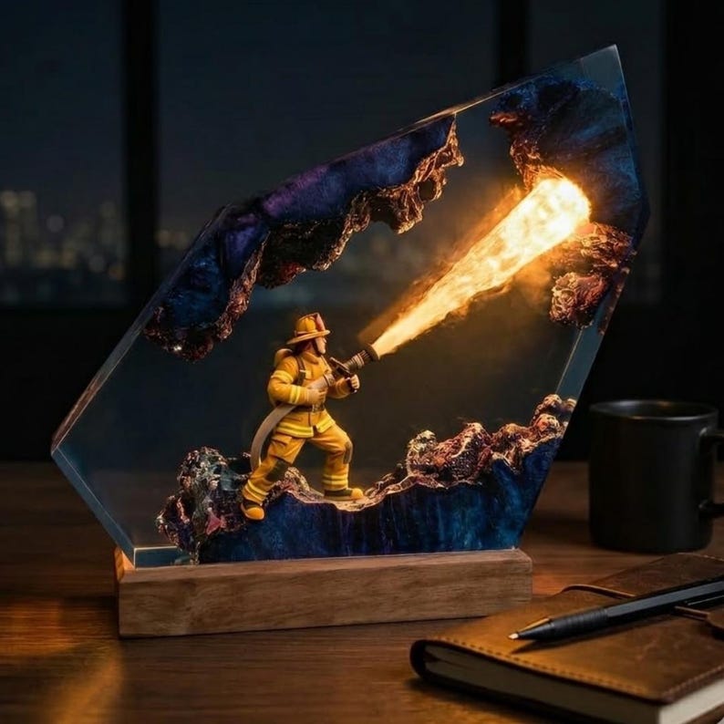 Hero Firefighter Resin Lamp, Fire Dept Figurine Decor, Handmade Night ...