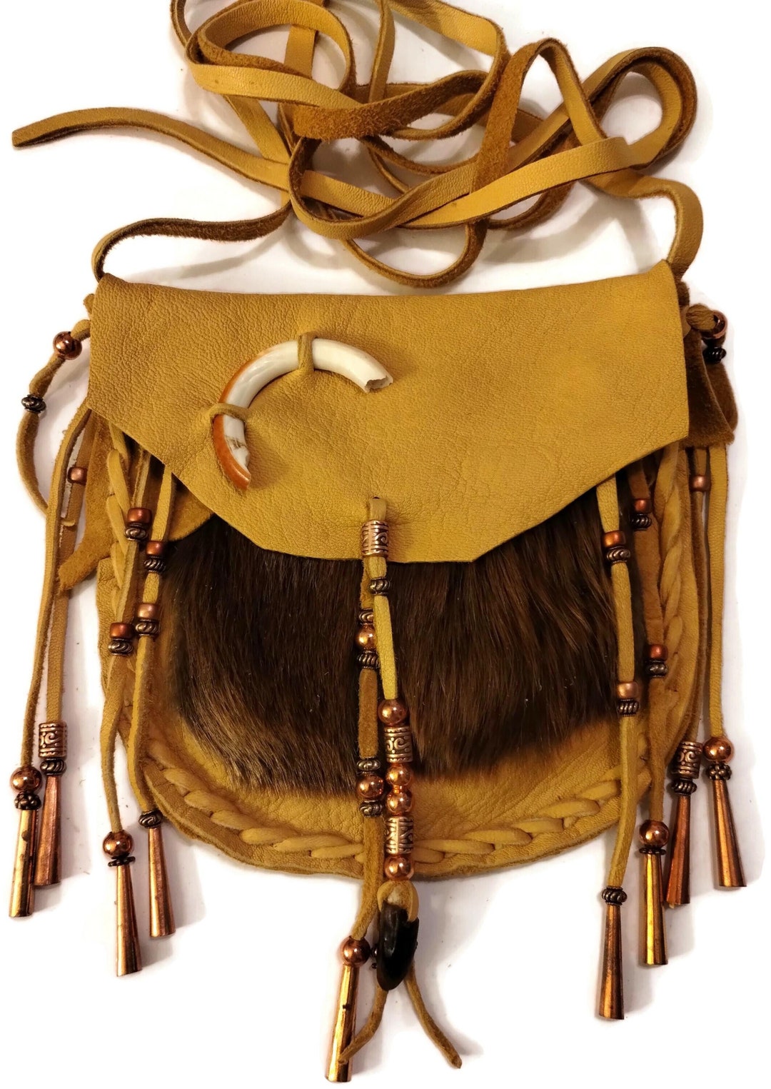 Medicine Bag/6x6 Gold Deer Skin Bag/beaver Fur/beaver Claw/beaver Tooth ...